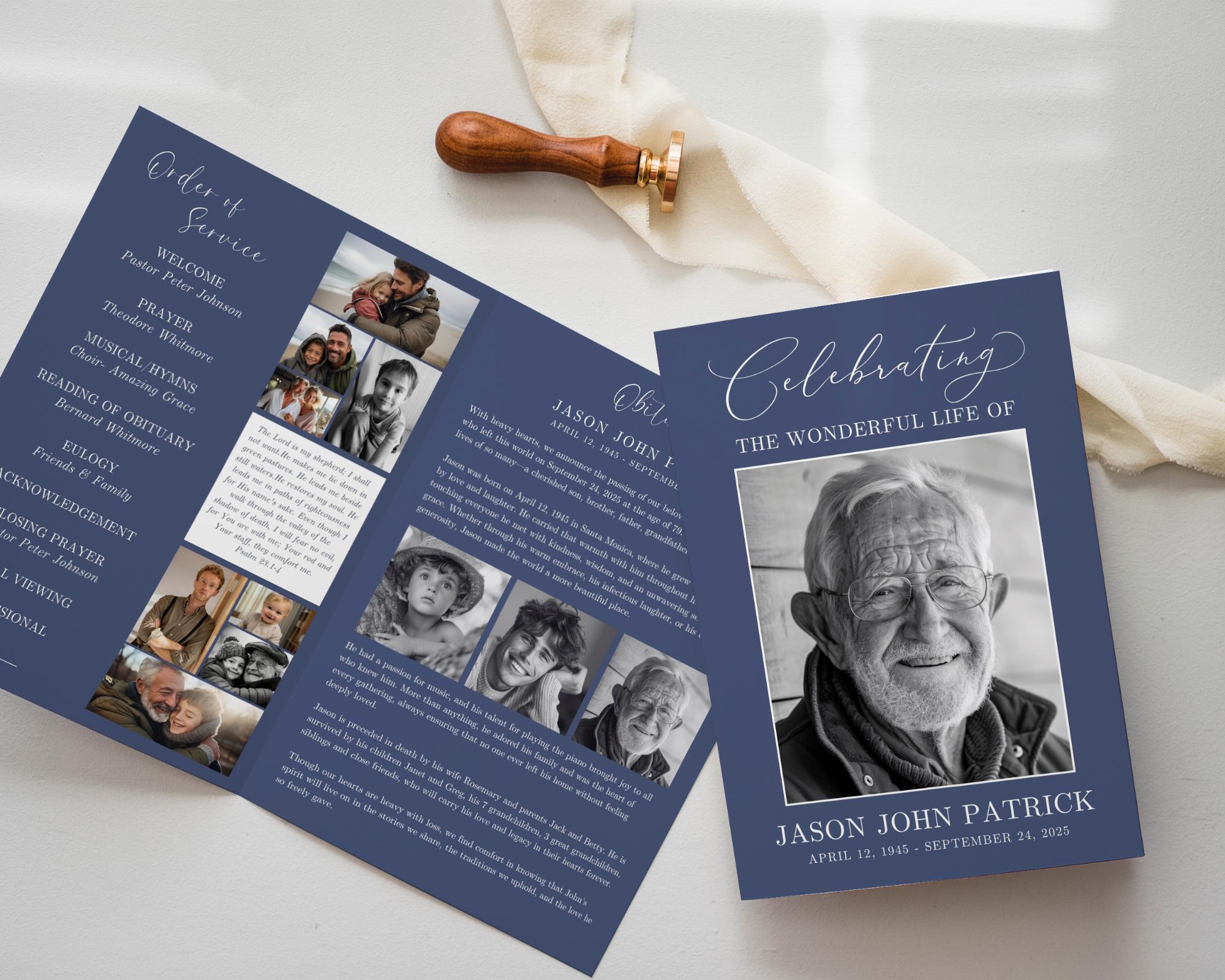 Celebration of Life Blue Funeral Program TEMPLATE, Order of Service for ...