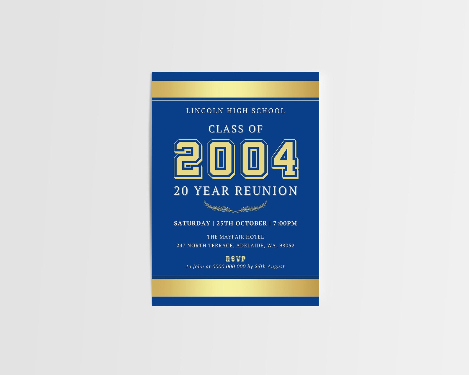 Blue and Gold Class Reunion Invitation TEMPLATE, 10th 20th 30th 40th ...