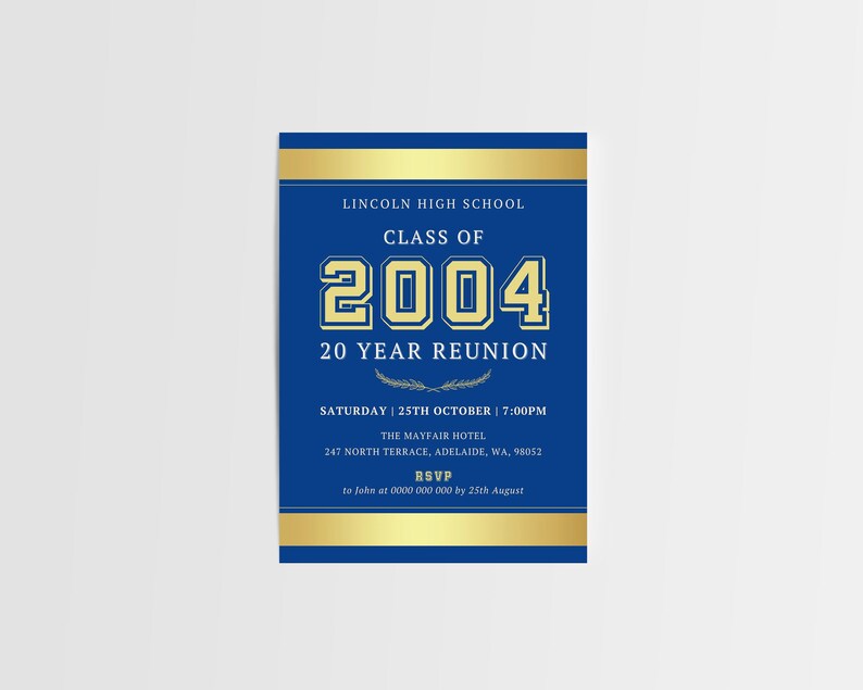 Blue and Gold Class Reunion Invitation TEMPLATE, 10th 20th 30th 40th ...