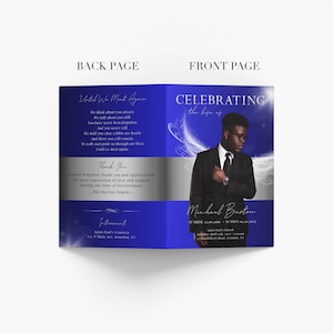Blue and Silver Funeral Program TEMPLATE, 8 Page Bifold, Celebration of ...
