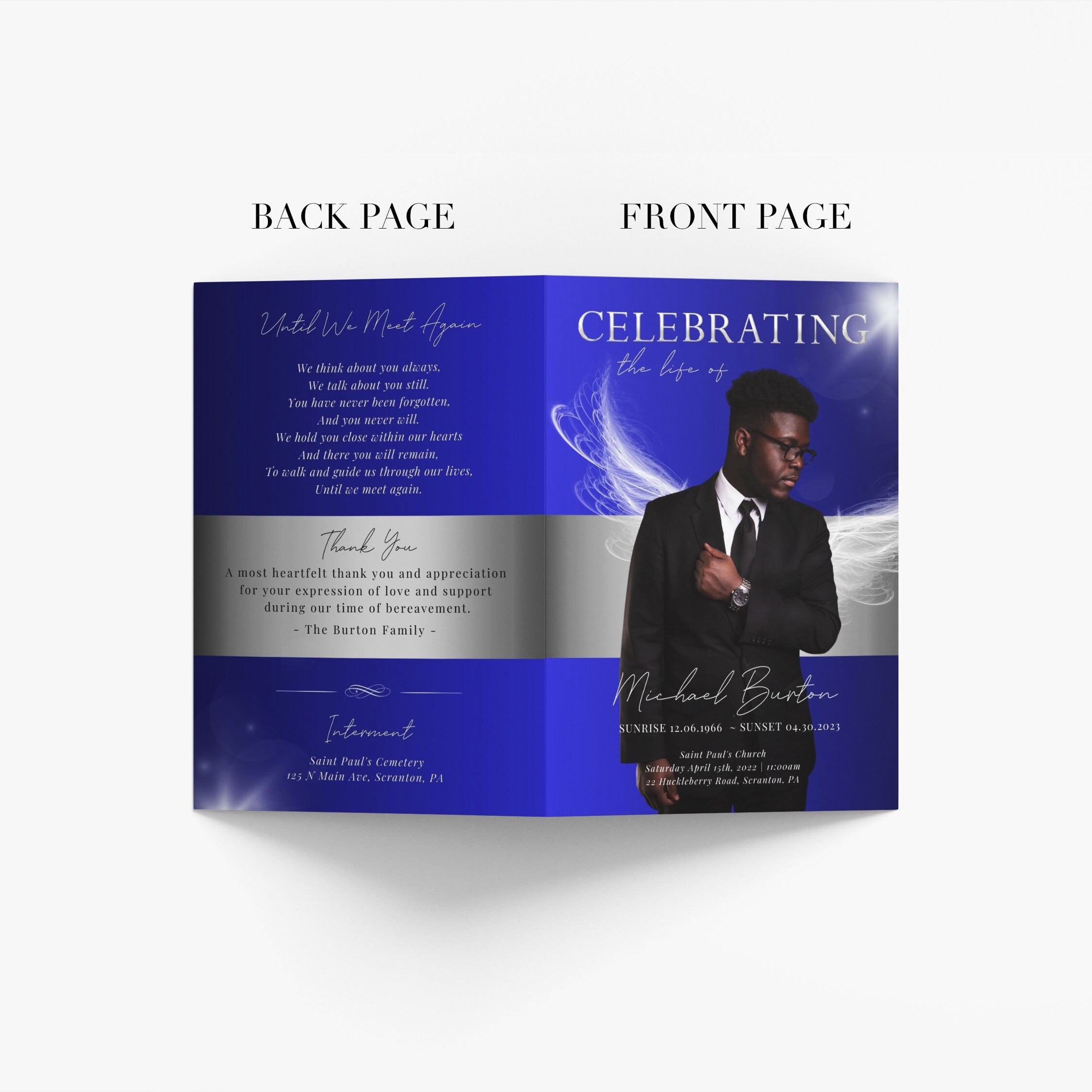 Blue and Silver Funeral Program TEMPLATE 8 Page Bifold - Etsy