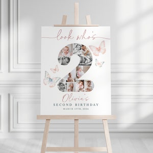 Pink Butterfly 2nd Birthday Welcome Sign TEMPLATE, Look Who's 2, Photo ...