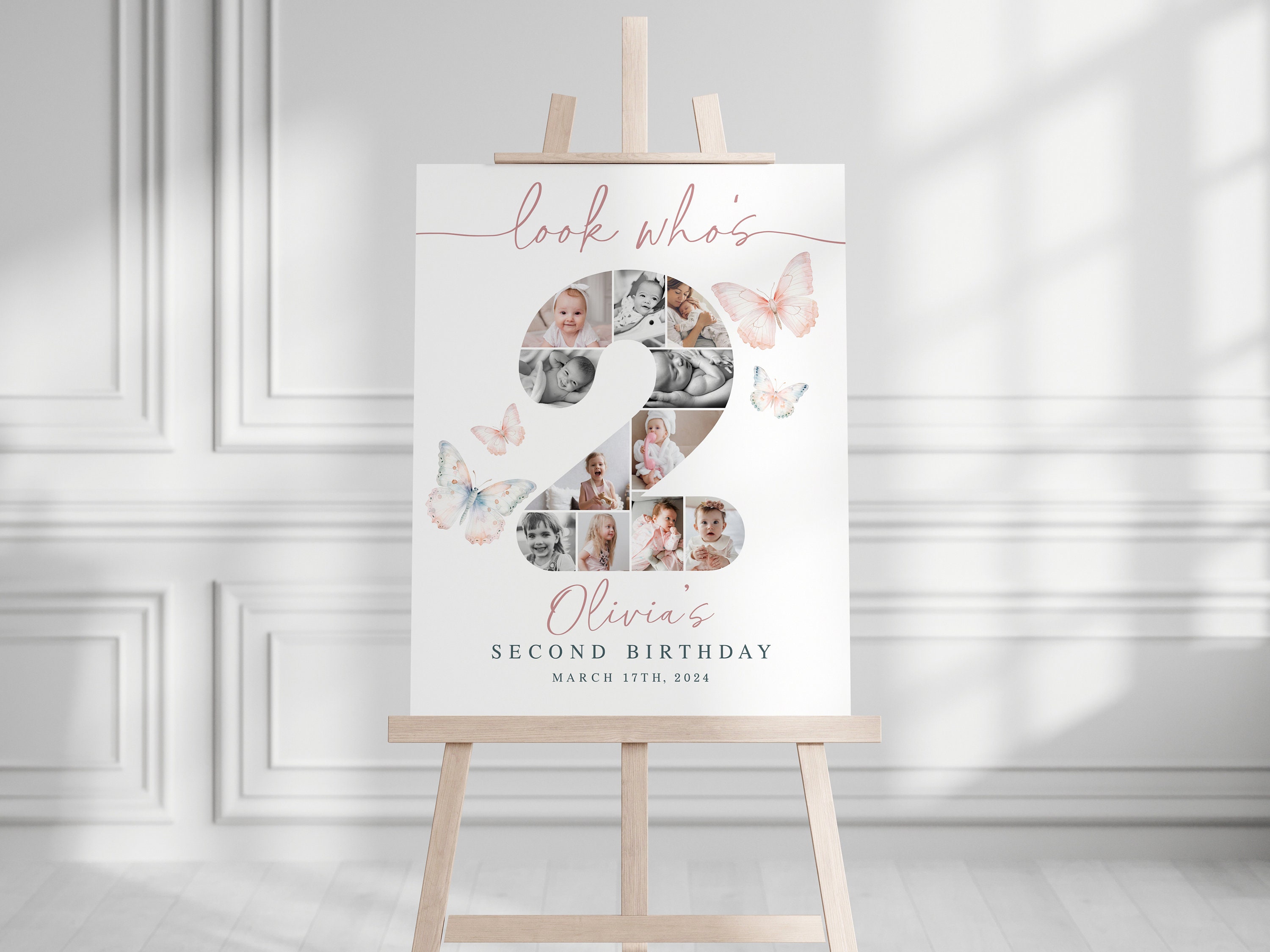Pink Butterfly 2nd Birthday Welcome Sign TEMPLATE, Look Who's 2, Photo ...