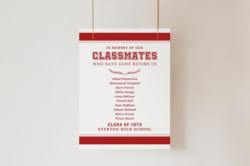 Class Reunion Memorial Sign TEMPLATE to Honor Deceased Classmates ...
