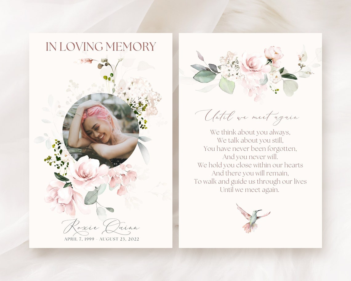 Pink Rose Funeral Memorial Card Template Funeral Favors - Etsy