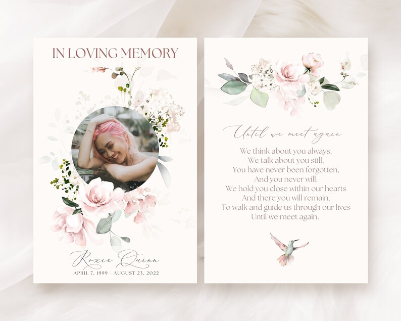 Pink Rose Funeral Memorial Card Template Funeral Favors - Etsy