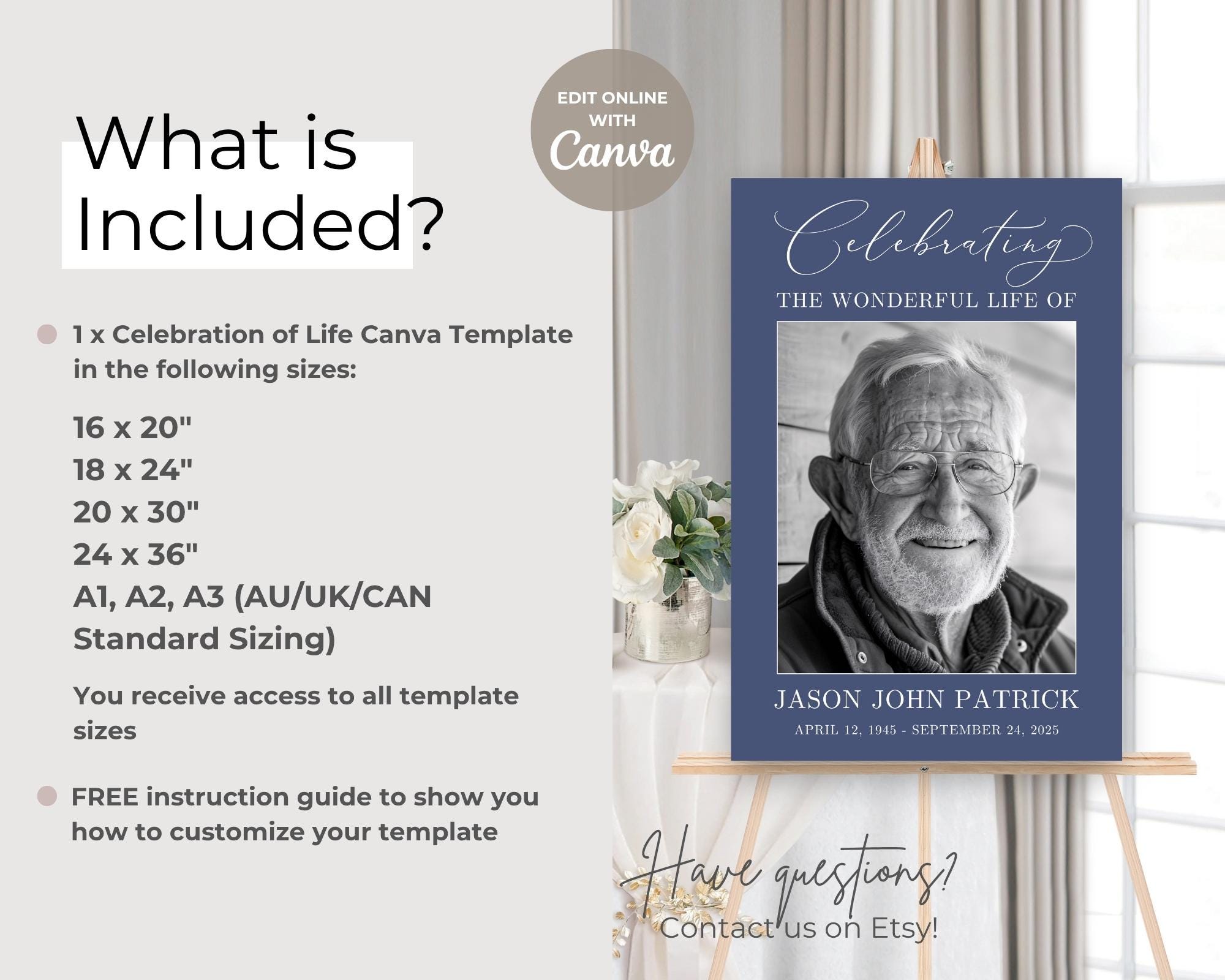 Blue Celebration of Life Poster TEMPLATE for Men, Funeral Photo Collage ...