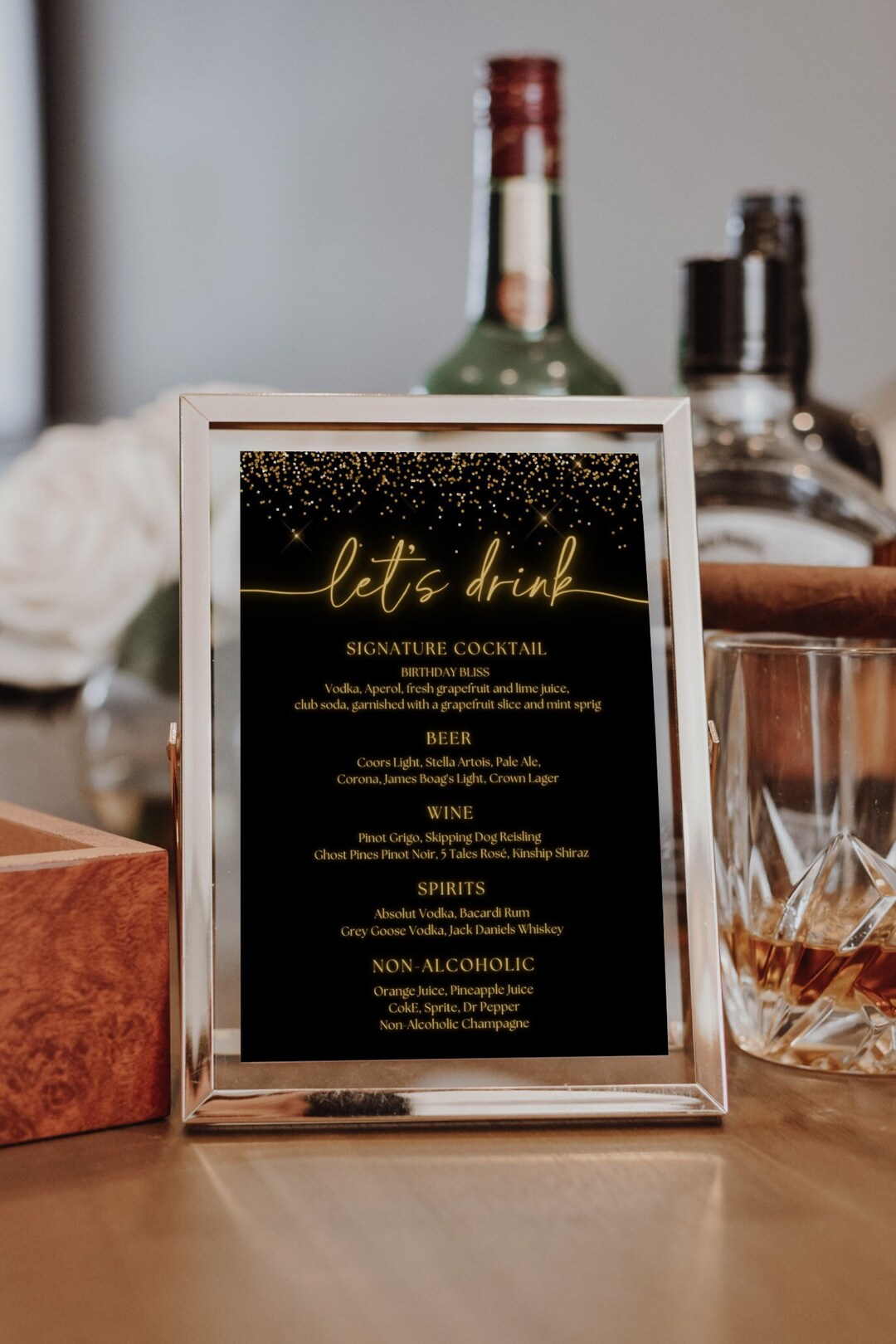 Black and Gold Glitter Birthday Drinks Menu TEMPLATE, Printable Bar ...
