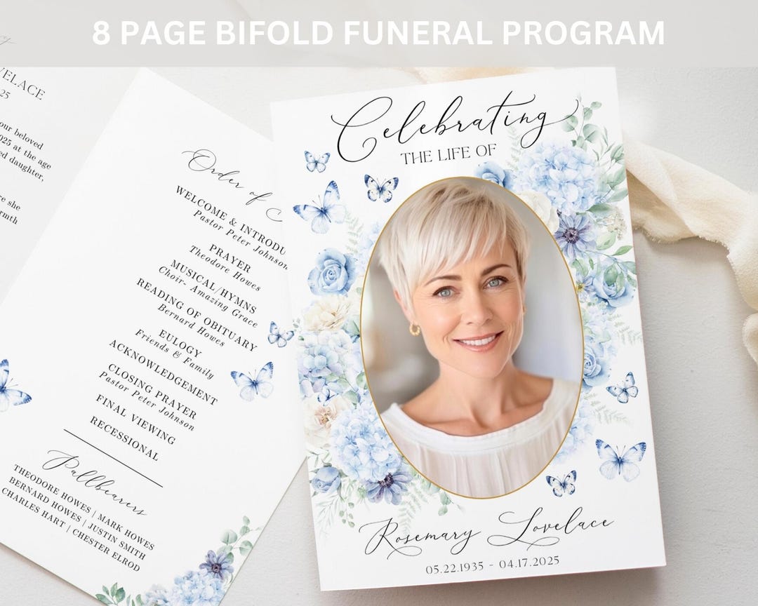 8 Page Bifold Funeral Program TEMPLATE, Blue Flowers With Butterflies ...
