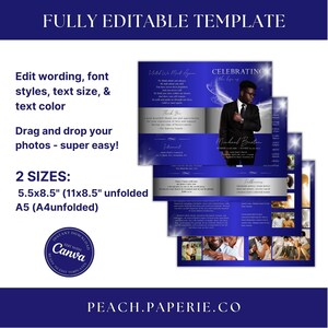 Blue and Silver Funeral Program TEMPLATE, 8 Page Bifold, Celebration of ...