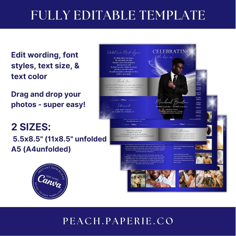 Blue and Silver Funeral Program TEMPLATE 8 Page Bifold - Etsy