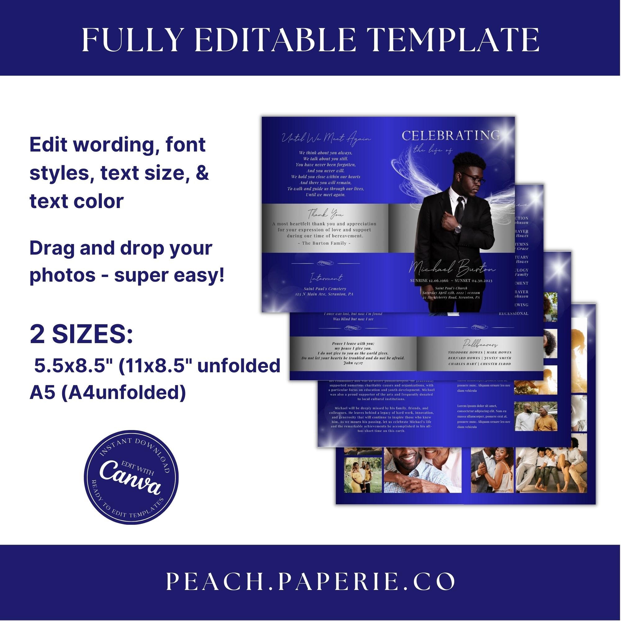 8 Page Bifold Funeral Program TEMPLATE, Blue and Silver, Celebration of ...