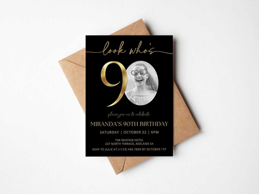 Black and Gold 90th Birthday Invitation TEMPLATE, Look Who's 90 ...