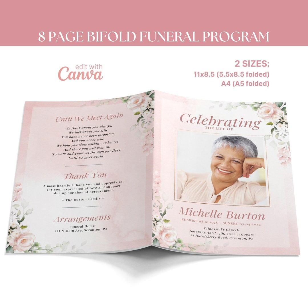 8 Page Bifold Funeral Program TEMPLATE Pink Rose, Celebration of Life ...