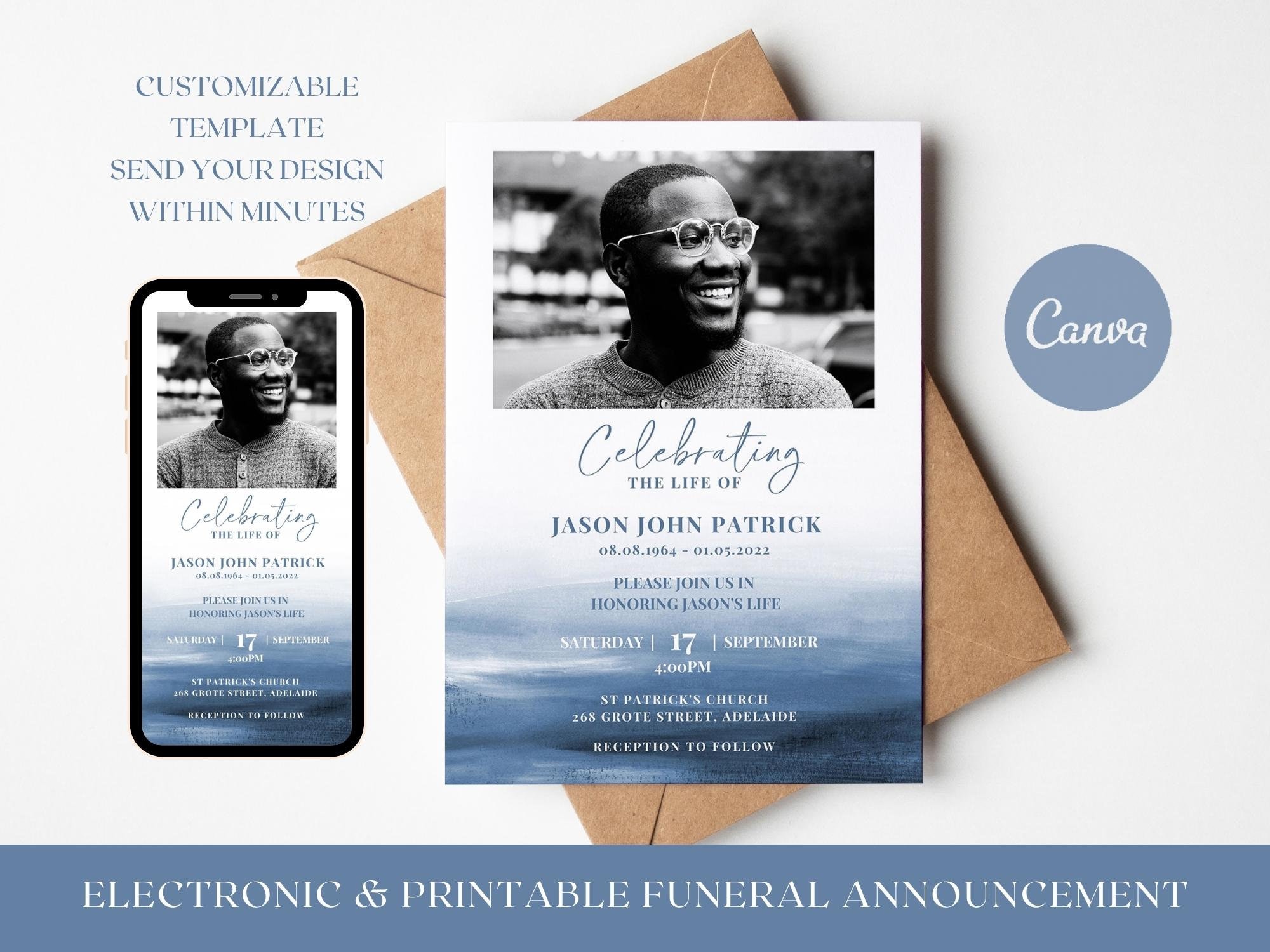 Blue Electronic Funeral Announcement TEMPLATE, Watercolor Ocean ...