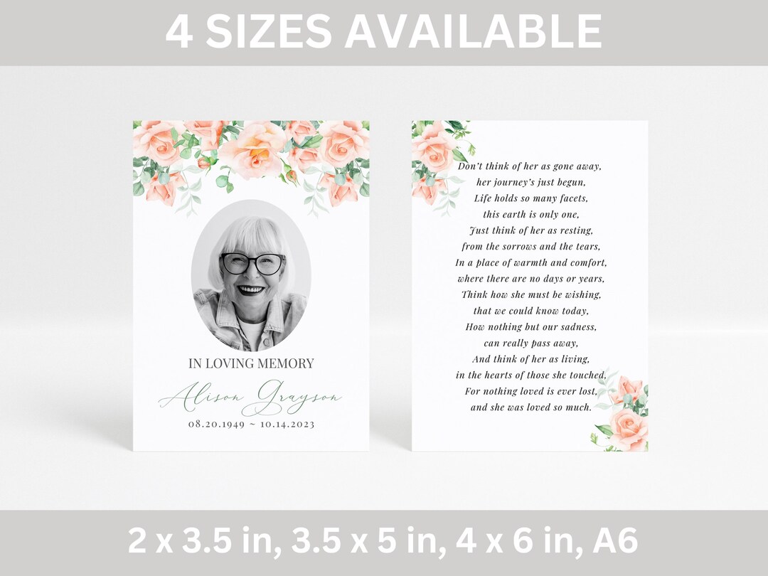 Rose Memorial Card Template, Feminine Prayer Card, Funeral Favors ...