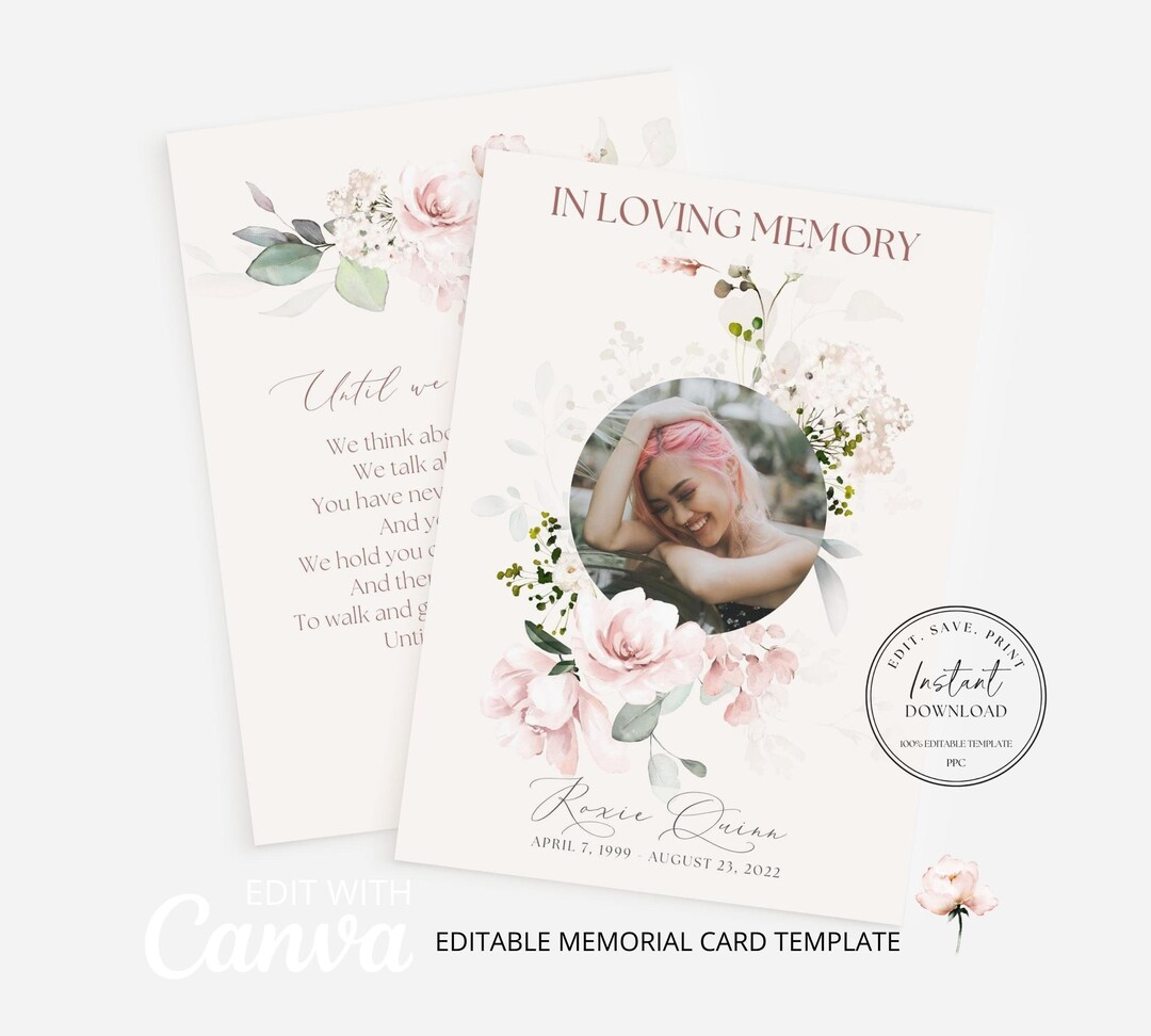 Pink Rose Funeral Memorial Card Template Funeral Favors - Etsy