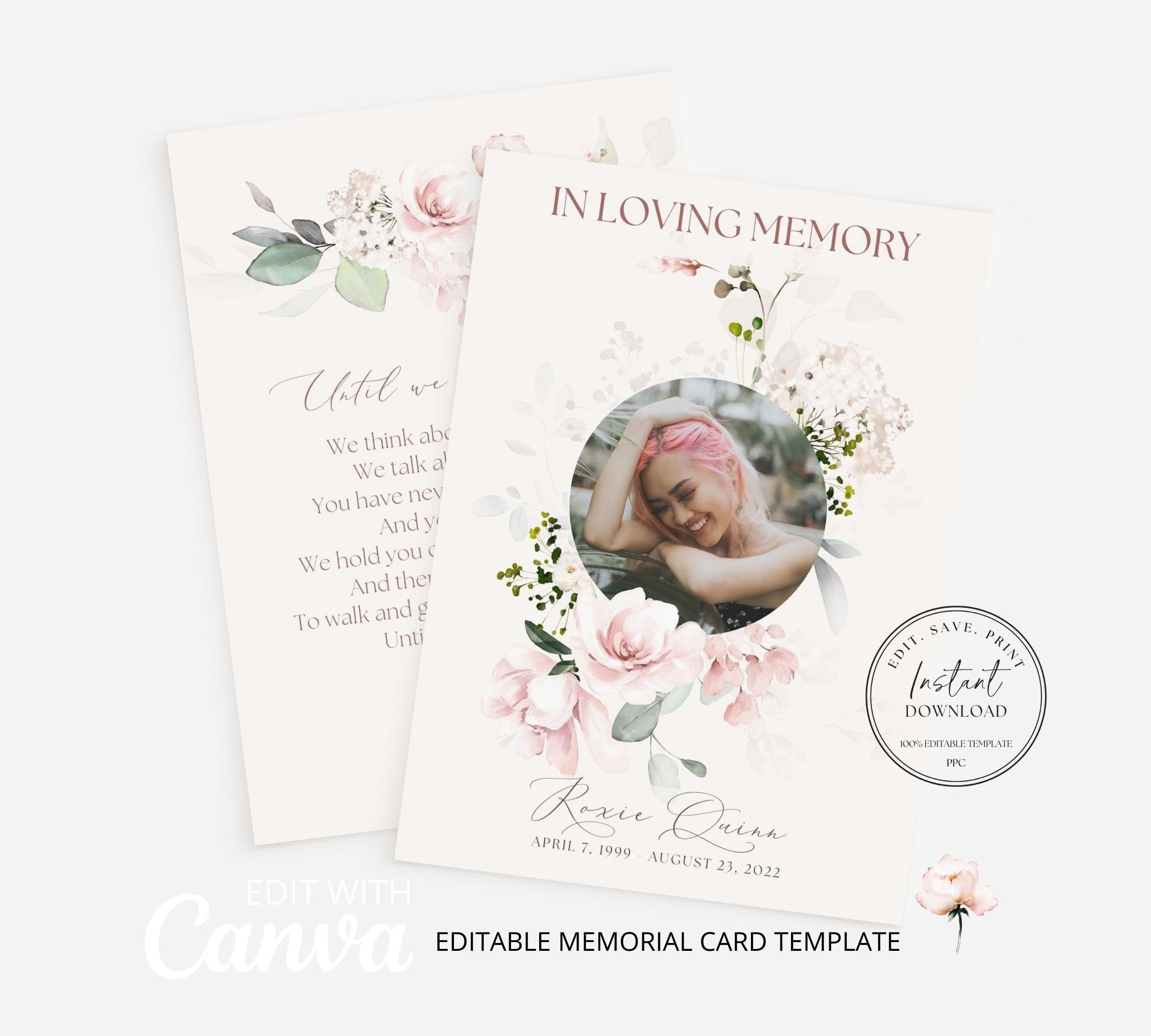Pink Rose Funeral Memorial Card Template, Funeral Favors, Printable ...