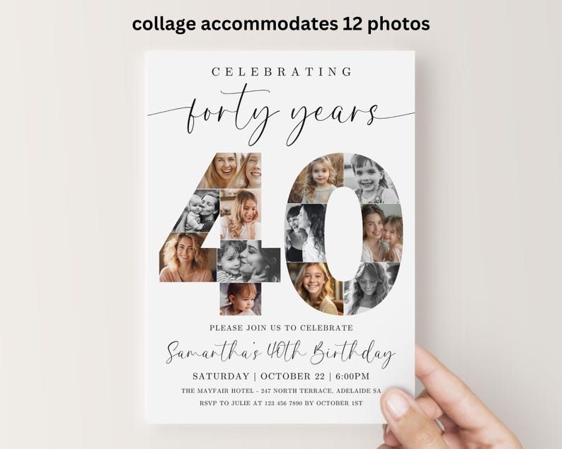 40th Birthday Invitation TEMPLATE With Photo Collage, Celebrating 40 ...