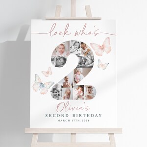 Pink Butterfly 2nd Birthday Welcome Sign TEMPLATE, Look Who's 2, Photo ...