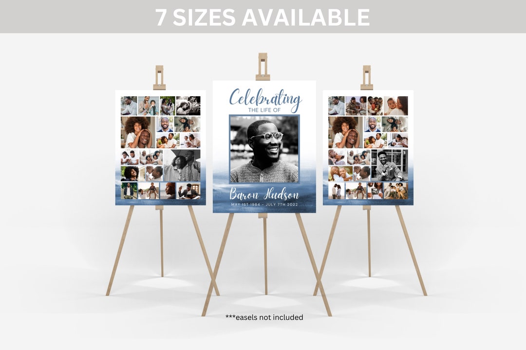 Blue Watercolor Celebration of Life Sign Template Bundle, Funeral Photo ...