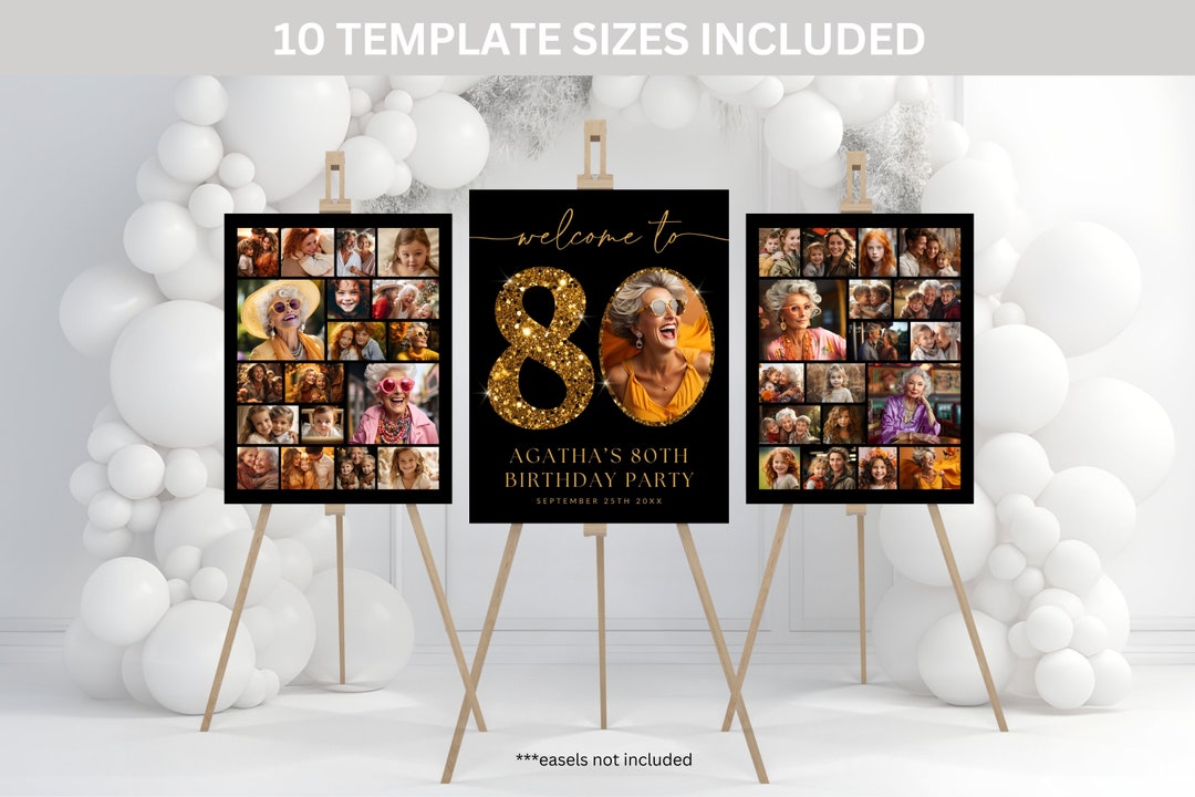 Welcome to 80 Collage Poster TEMPLATE Set, Black and Gold 80th Birthday ...
