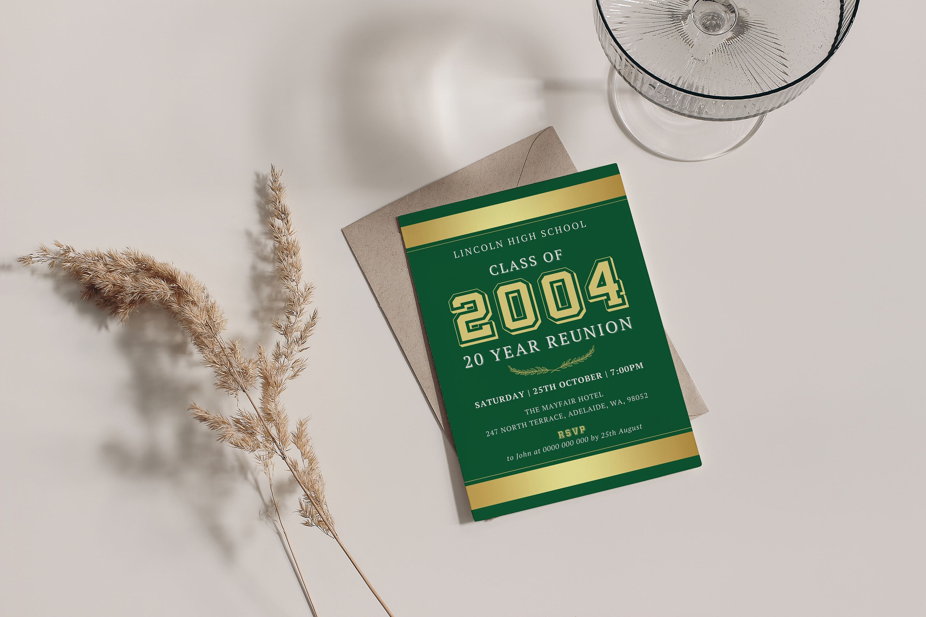Green and Gold Class Reunion Invitation TEMPLATE, 10th 20th 30th 40th ...
