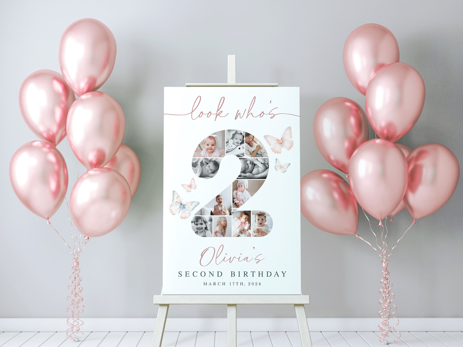 Pink Butterfly 2nd Birthday Welcome Sign TEMPLATE, Look Who's 2, Photo ...