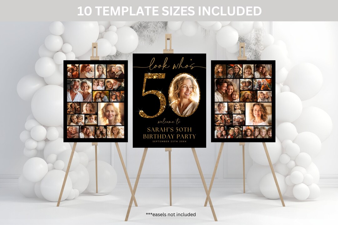 Look Who's 50 Collage Poster TEMPLATE Set Black and Gold, 50th Birthday ...