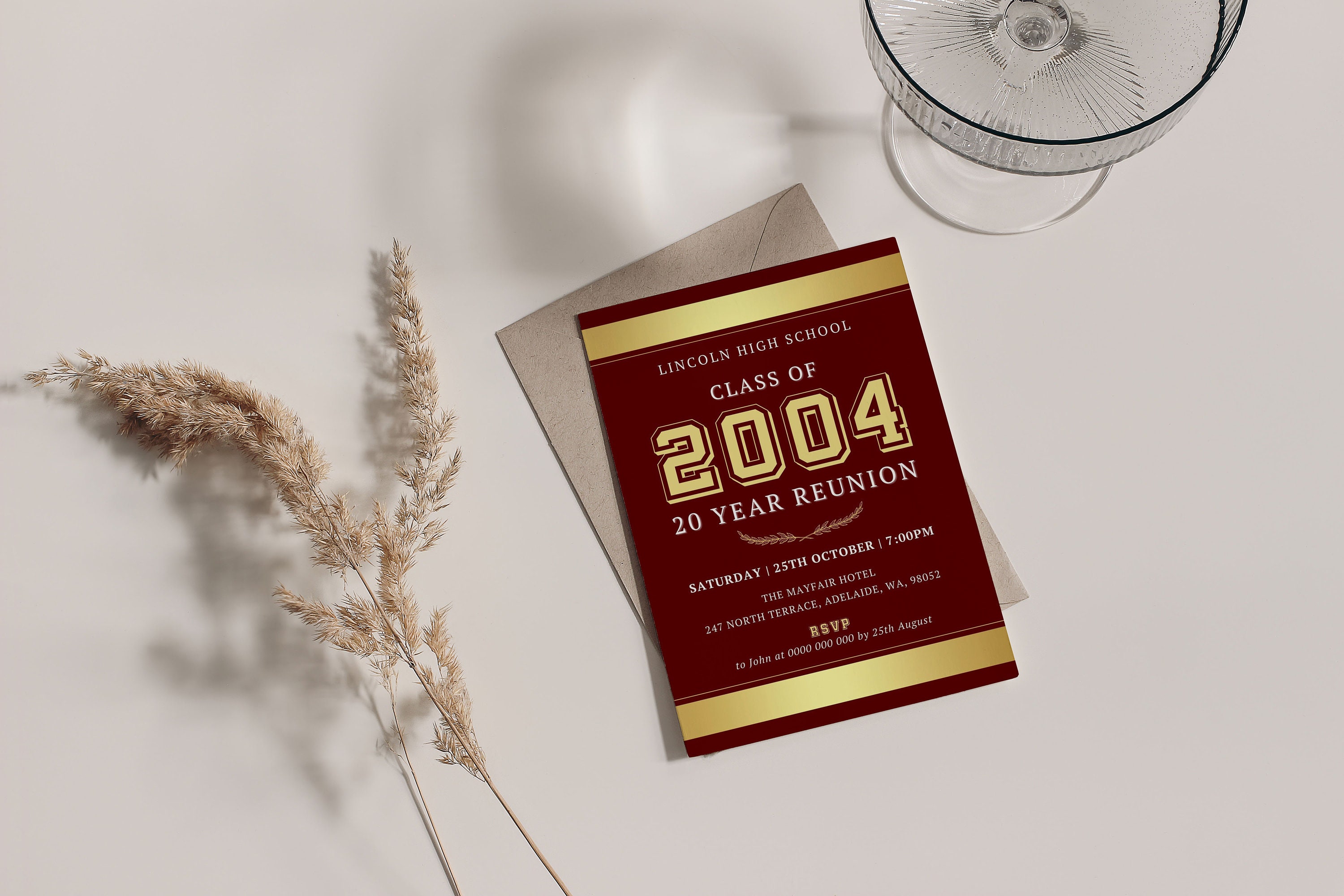 Maroon and Gold Class Reunion Invitation TEMPLATE, 10th 20th 30th 40th ...