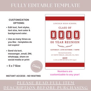 Class Reunion Invitation TEMPLATE 10th 20th 30th 40th 50th, High School ...