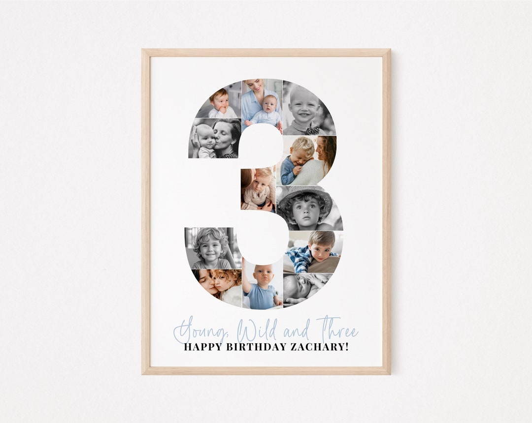 Number 3 Photo Collage TEMPLATE, Personalized 3rd Birthday Gift for Boy ...