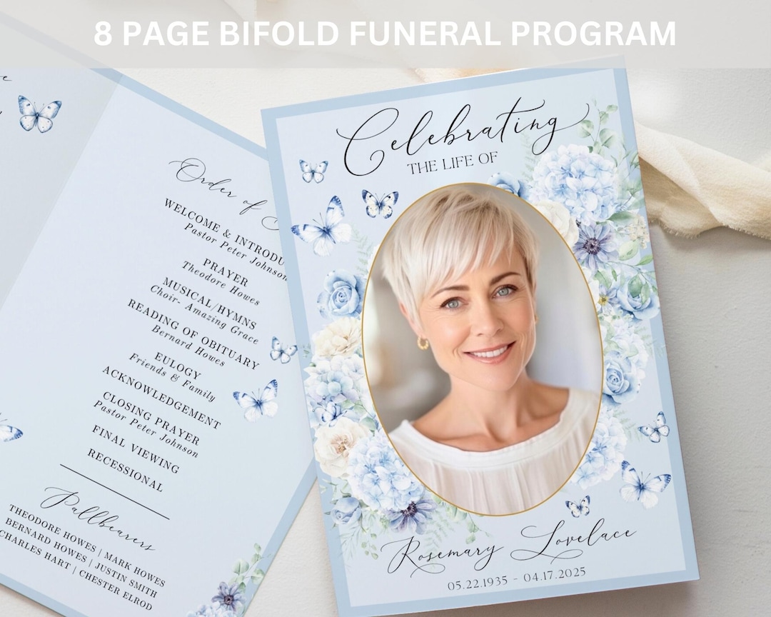 8 Page Bifold Funeral Program TEMPLATE, Blue Flowers With Butterflies ...