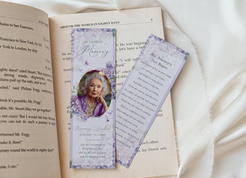 Purple Floral Memorial Bookmark TEMPLATE, Celebration of Life Funeral ...