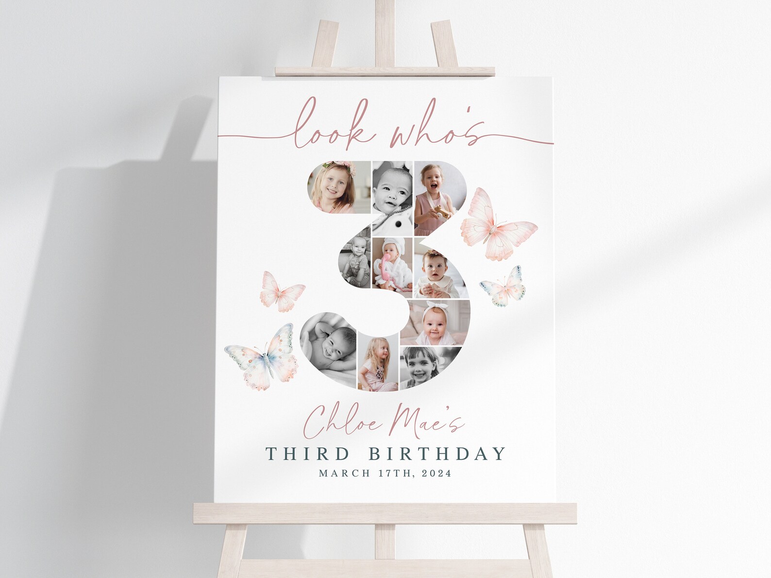 Pink Butterfly 3rd Birthday Welcome Sign TEMPLATE, Look Who's 3, Photo ...
