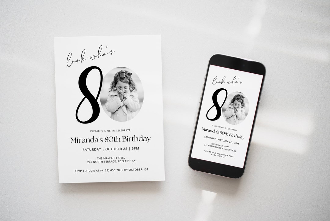 80th Birthday Digital Invitation TEMPLATE, Minimalist Text Invitation ...