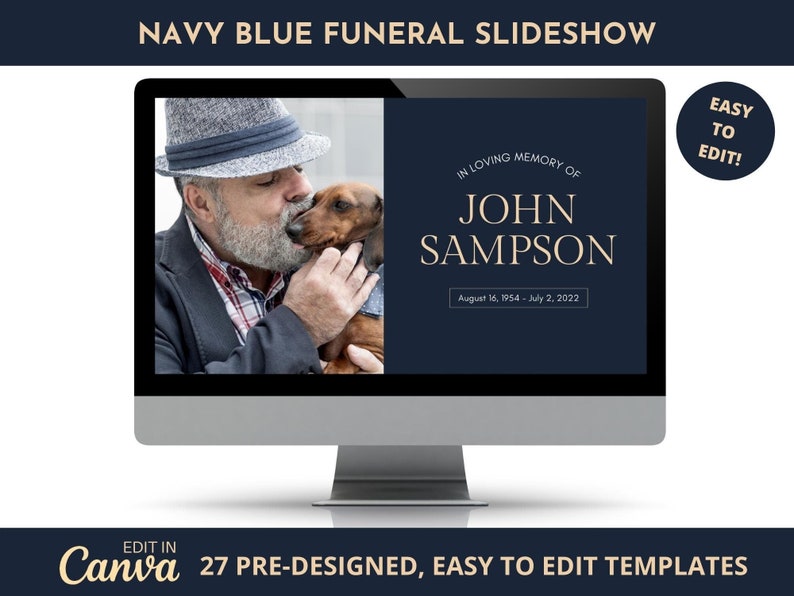 Navy Blue Funeral Photo Slideshow Template for Male Memorial - Etsy