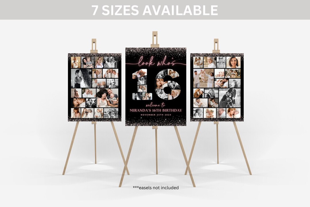 Rose Gold Confetti 16th Birthday Photo Collage Poster TEMPLATE Set ...