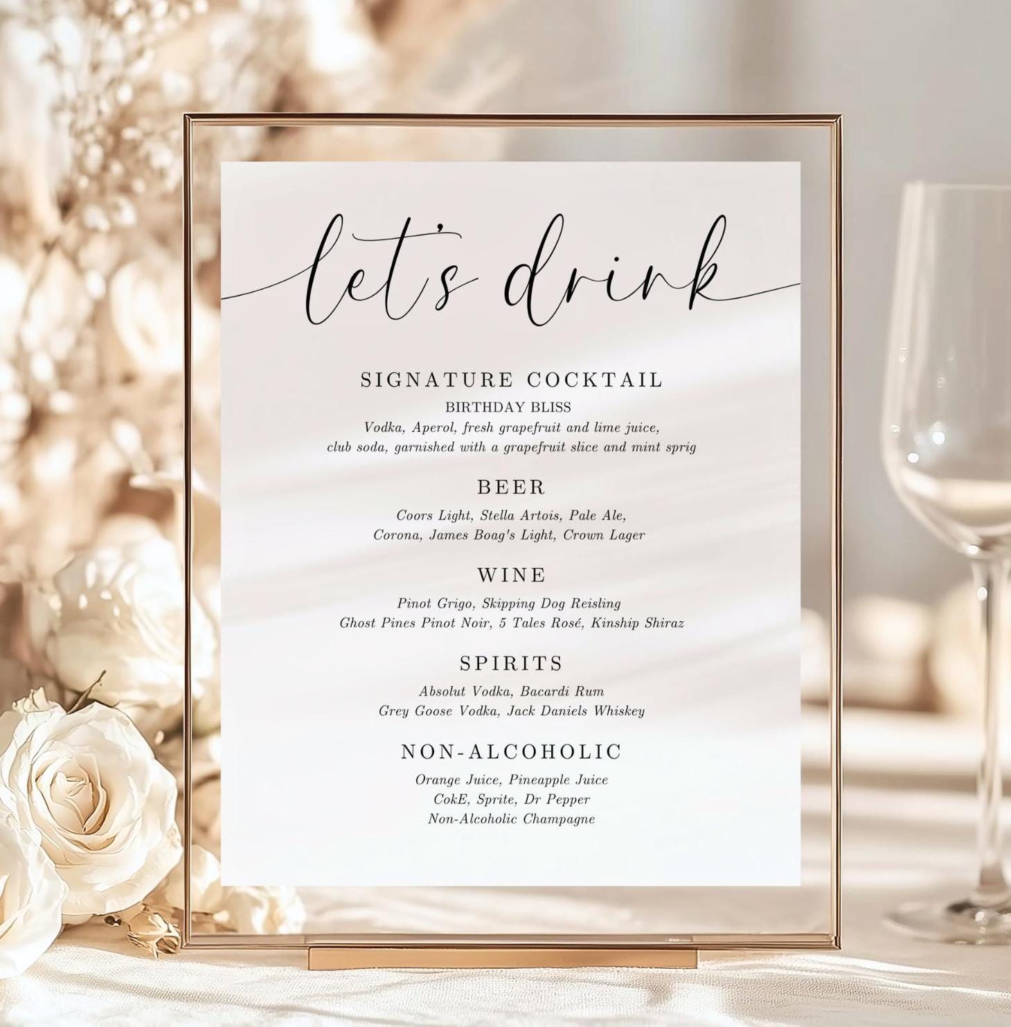 Minimalist Drinks Menu TEMPLATE for Birthday or Wedding, Elegant ...