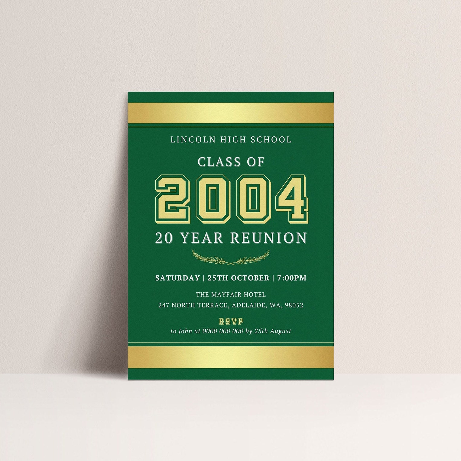 Green and Gold Class Reunion Invitation TEMPLATE, 10th 20th 30th 40th ...