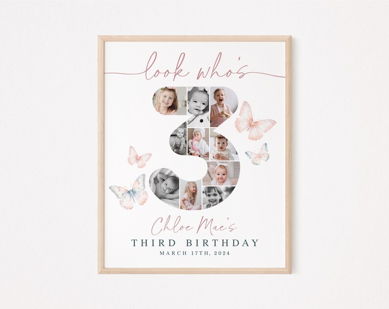 Pink Butterfly 3rd Birthday Welcome Sign TEMPLATE, Look Who's 3, Photo ...