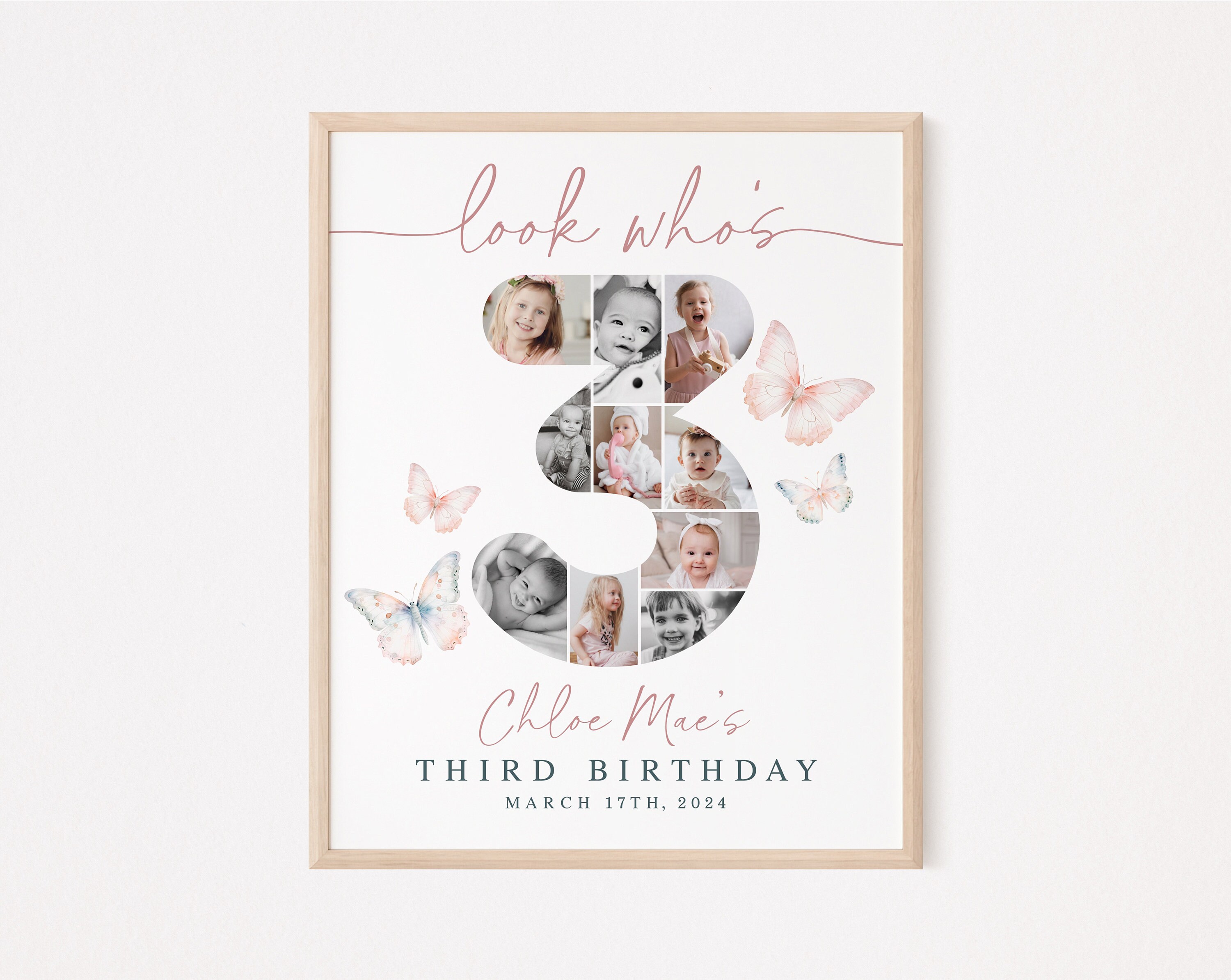Pink Butterfly 3rd Birthday Welcome Sign TEMPLATE, Look Who's 3, Photo ...