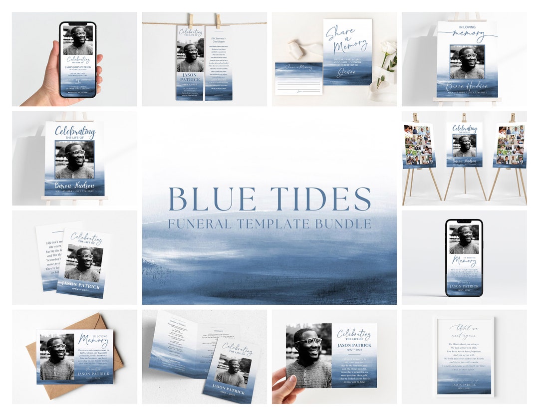 Blue Funeral Template Bundle, Male Memorial Stationery Set, Edit ...