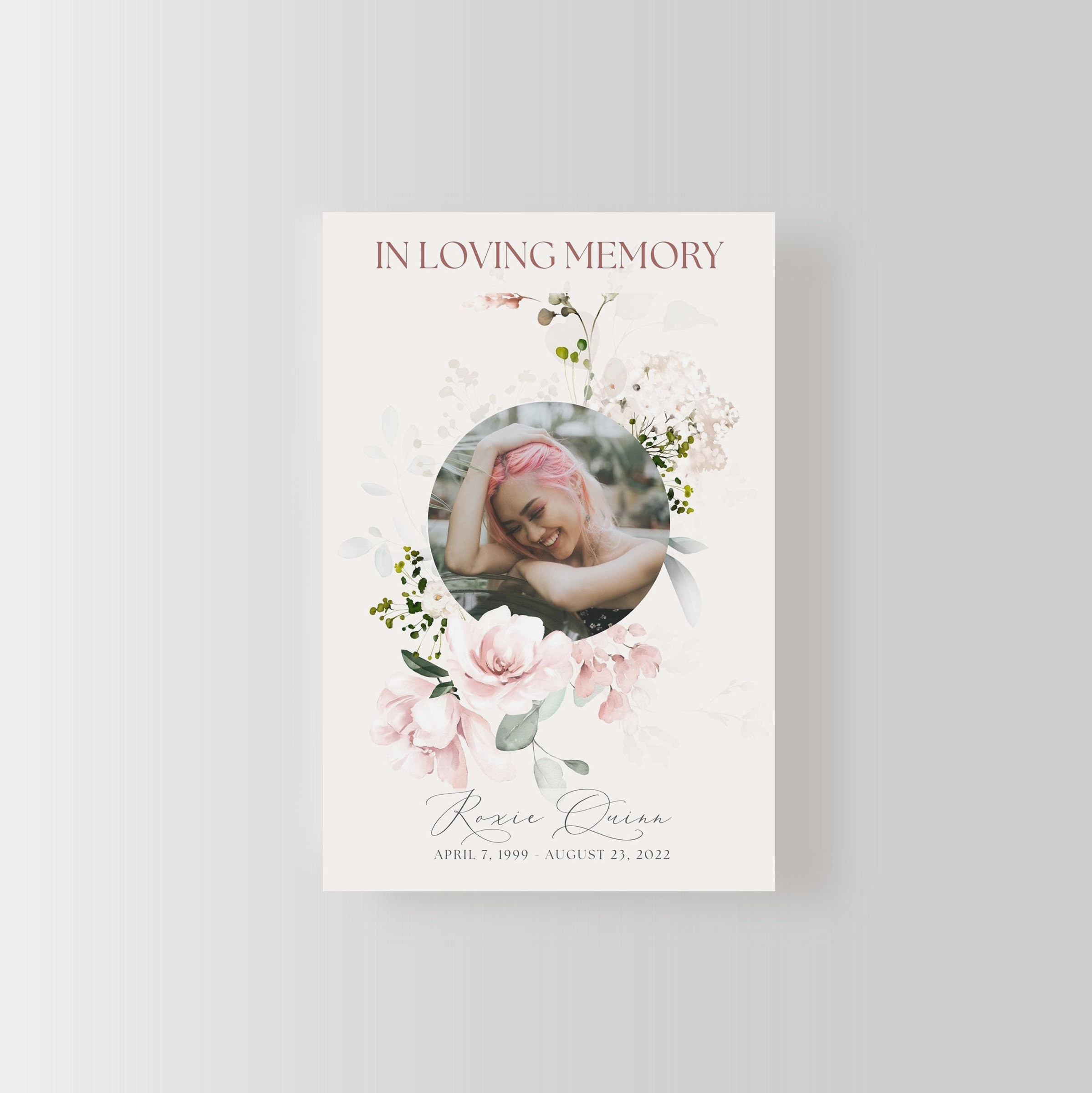 Pink Rose Funeral Memorial Card Template, Funeral Favors, Printable ...