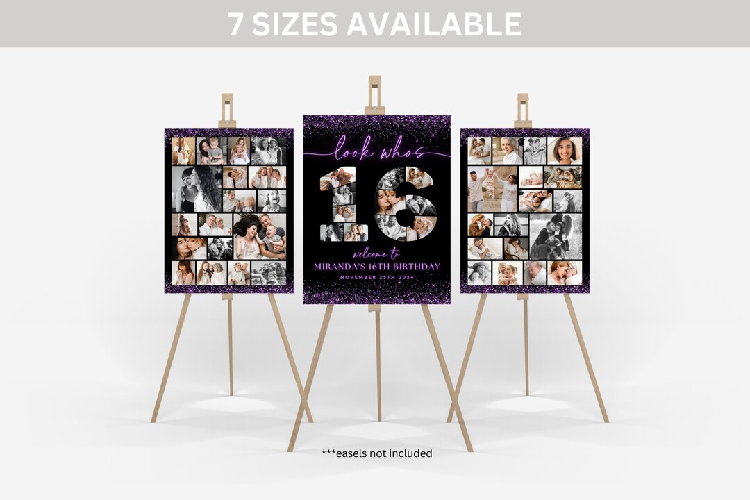 Purple Confetti 16th Birthday Photo Collage Poster TEMPLATE Set, Look ...