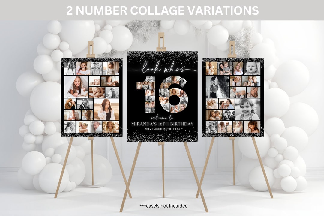 Black and Silver 16th Birthday Photo Collage Poster TEMPLATE Set, Look ...