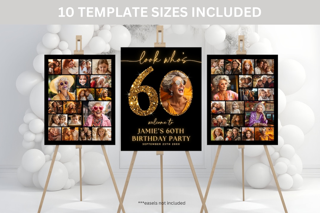 Look Who's 60 Collage Poster TEMPLATE Set Black and Gold, 60th Birthday ...