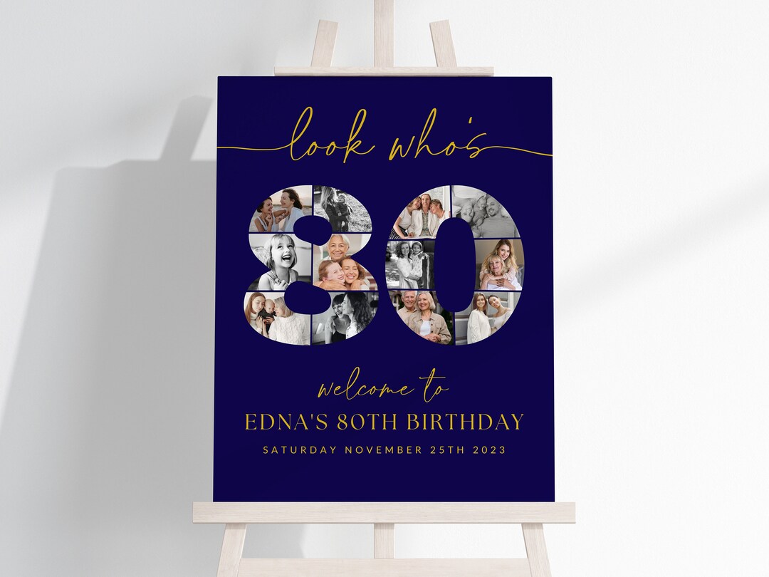 Navy Blue and Gold 80th Birthday Photo Collage TEMPLATE, Look Who's 80 ...