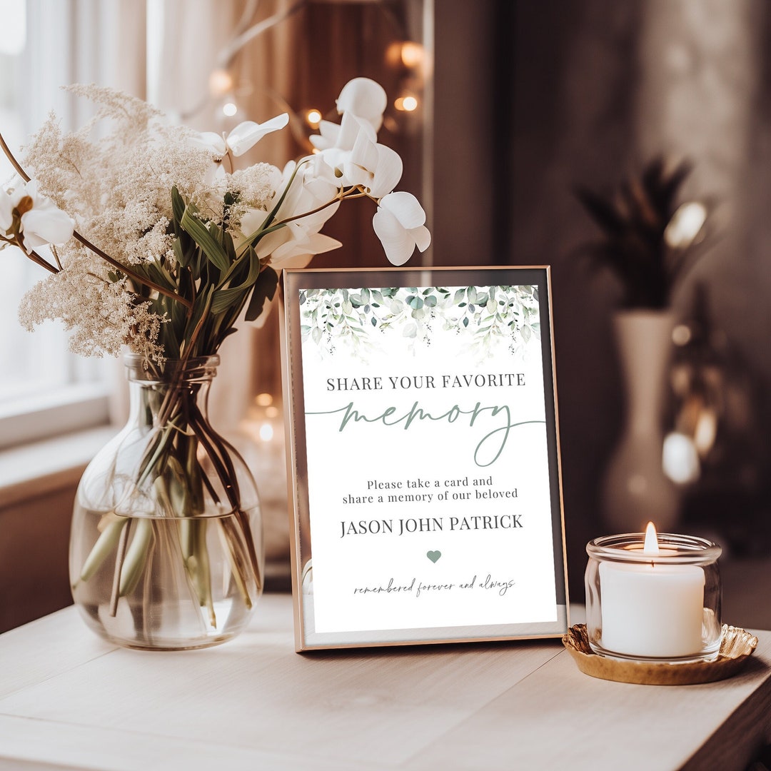 Share a Memory Sign and Card TEMPLATE With Greenery, Funeral Table ...