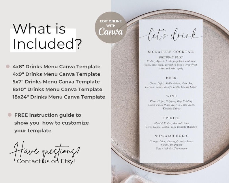 Minimalist Drinks Menu TEMPLATE for Birthday or Wedding, Elegant ...